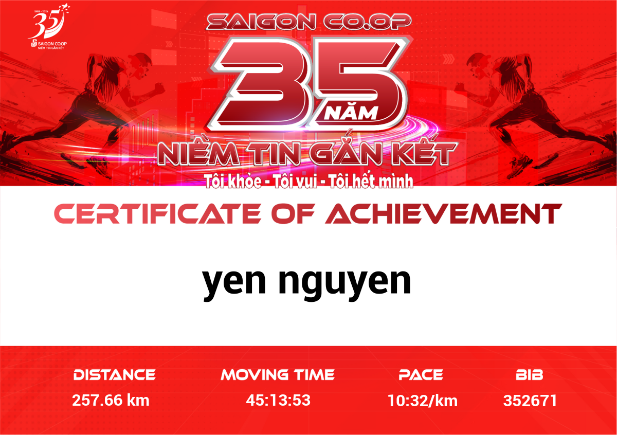 Chúc mừng yen nguyen đã hoàn thành cự ly 35km - 35 NĂM - NIỀM TIN GẮN KẾT - VietRace365 - Tổ ...